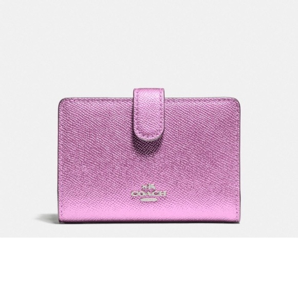Coach | Bags | Nwt Coach Lilac Metallic Leather Corner Zip Wallet ...